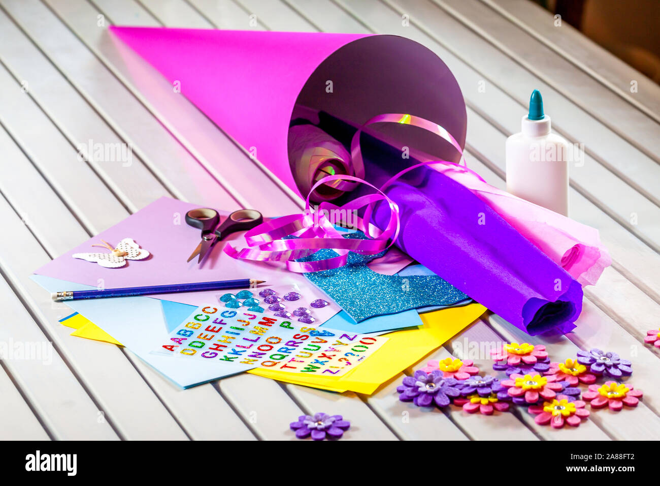Crafting a candy cone from paper for the first day of school Stock ...