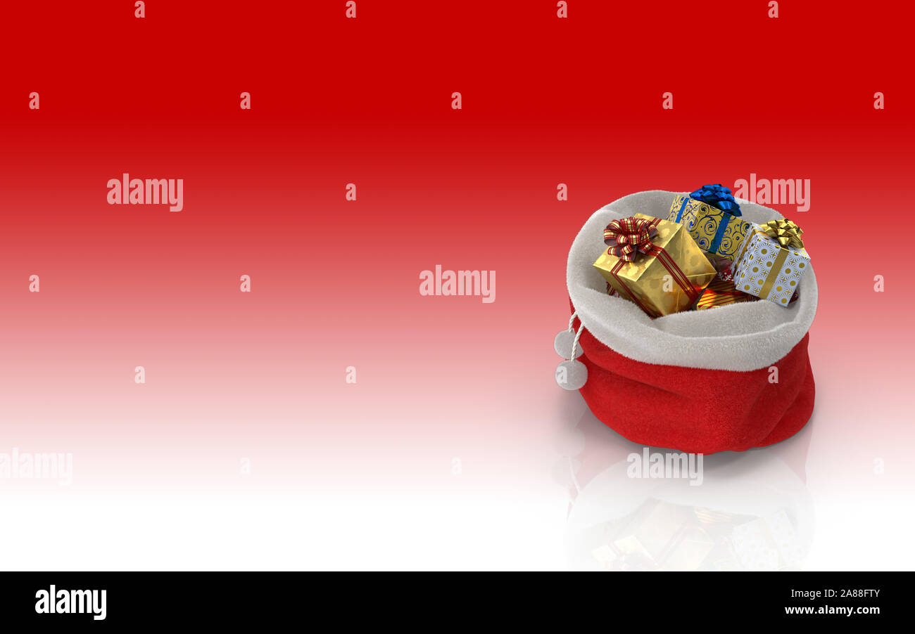 Shiny 3D Santa's hat full of gifts on a colorful background. Lots of ...