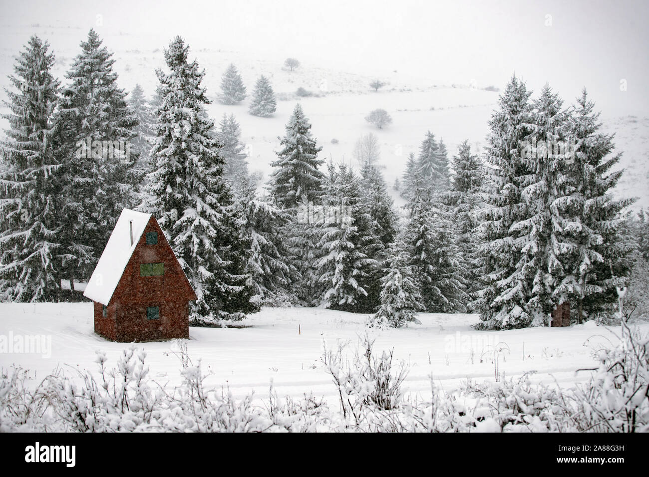 Small wooden hut in winter forest in heavy snowfall Stock Photo - Alamy