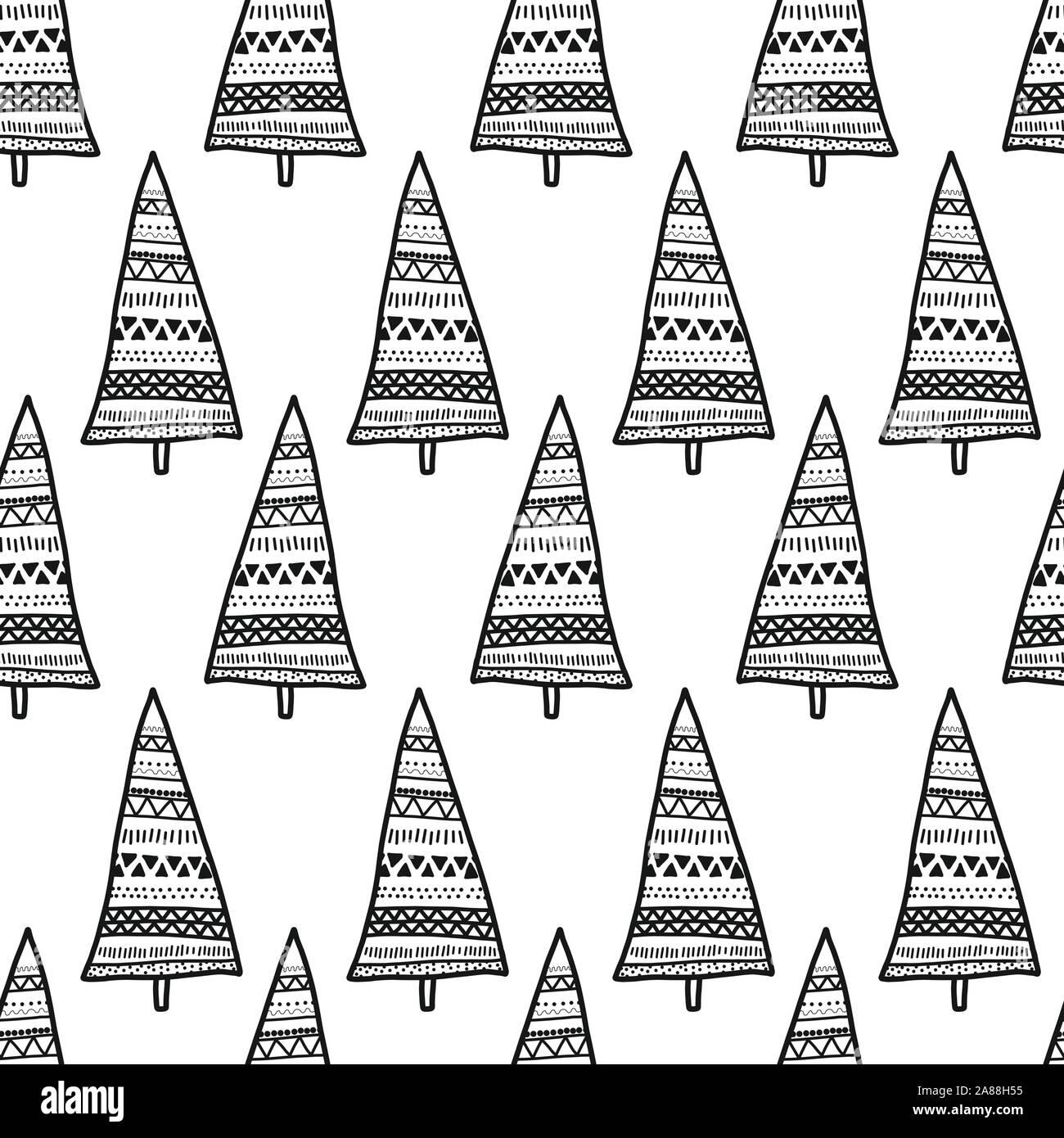 Monochrome doodle Christmas trees seamless vector pattern. Black ...
