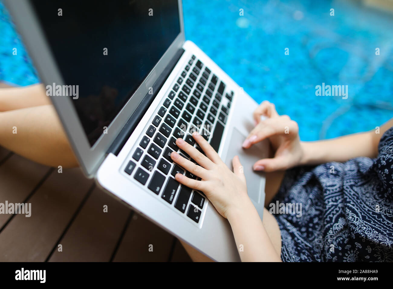 close up woman and kid hands pressing keyboard on laptop sunny d Stock ...