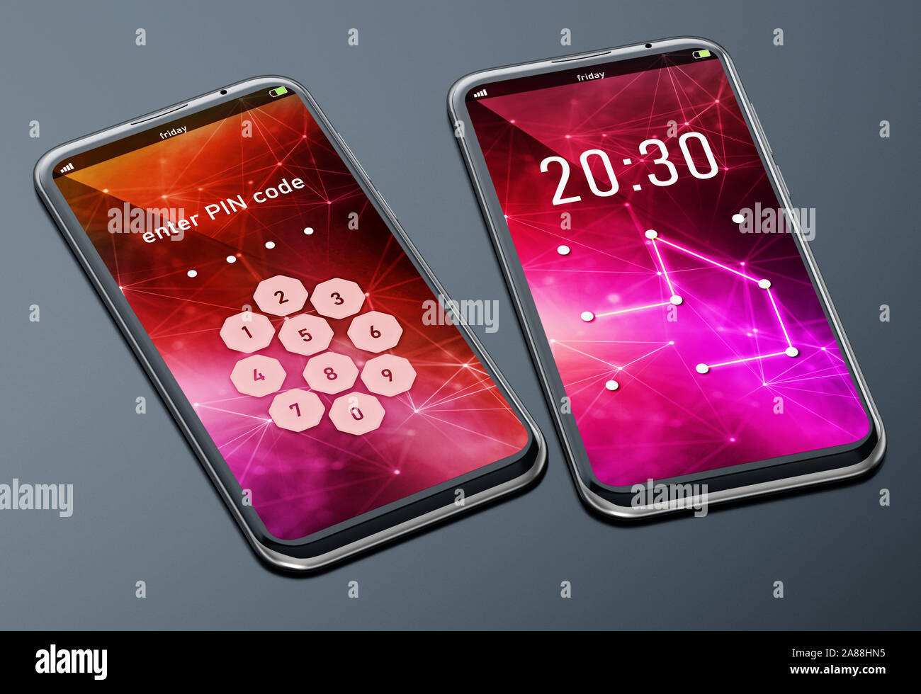 Smartphones with pin and pattern protection screens. 3D illustration ...