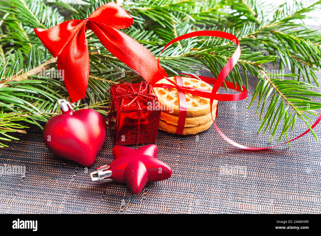 Christmas holiday background with cookies and red decorations Stock ...