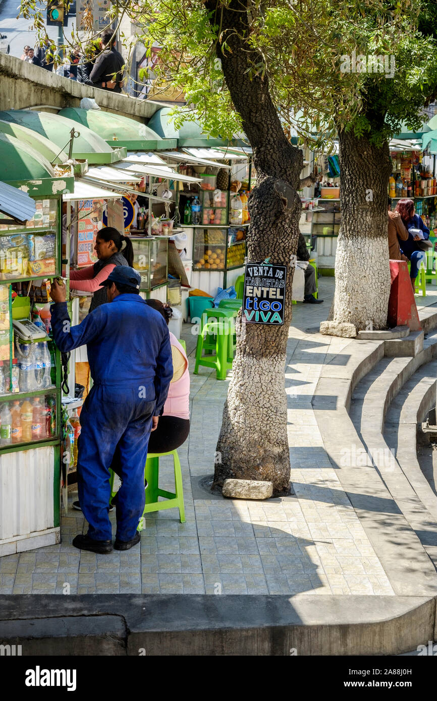 Food stalls outside the Bus Terminal or Terminal de Buses La Paz which ...