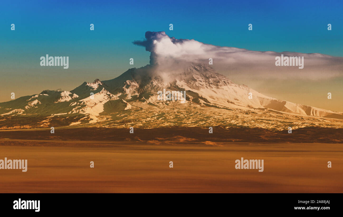 Winter volcanic landscape at sunrise, eruption crater active volcano on ...