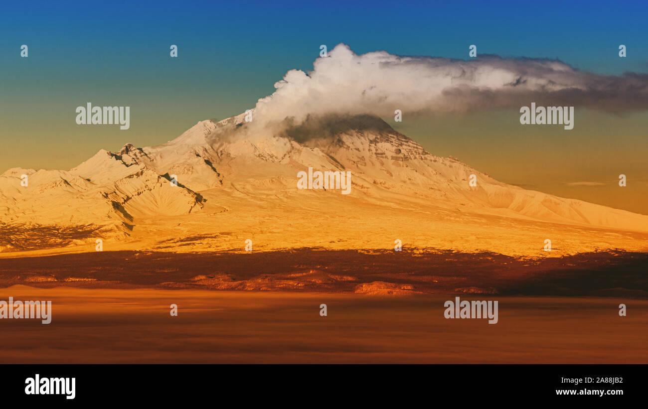 Eruption crater active volcano on Kamchatka Peninsula, winter volcano ...