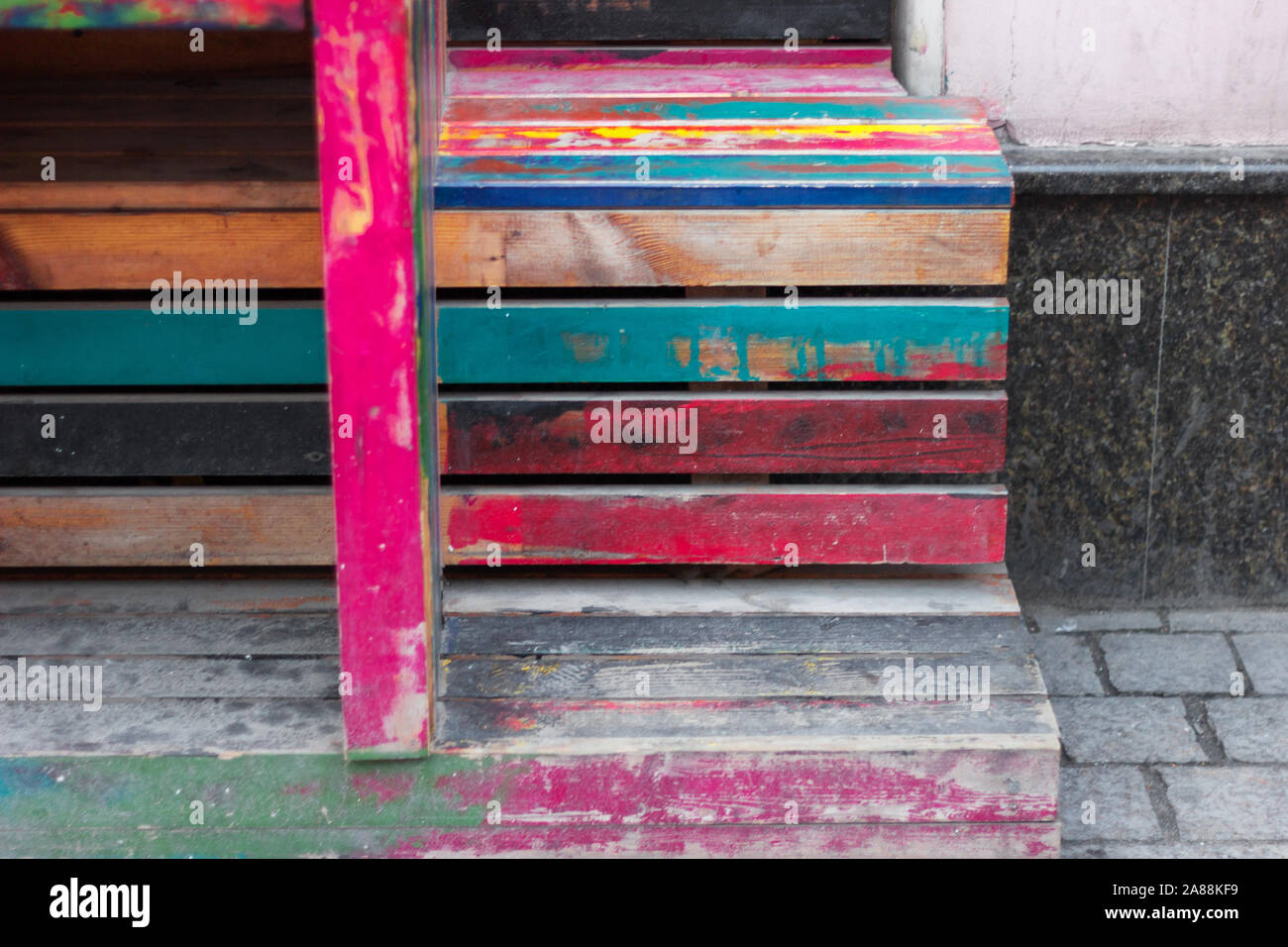 multicolor wooden bench. exterior terrace board. urban furniture Stock ...