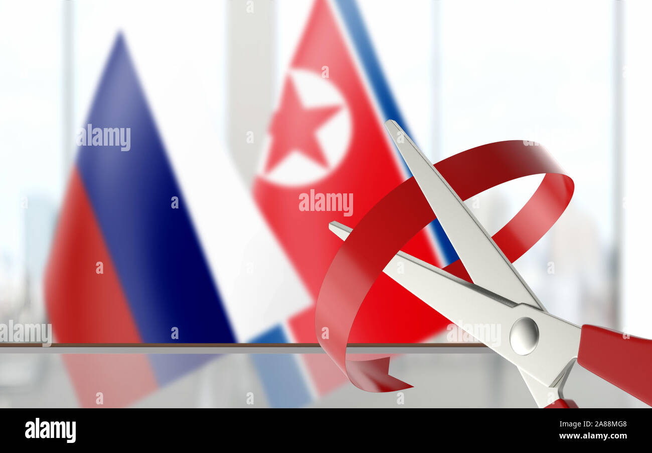 Flags are paired together at an office background while scissor is ...