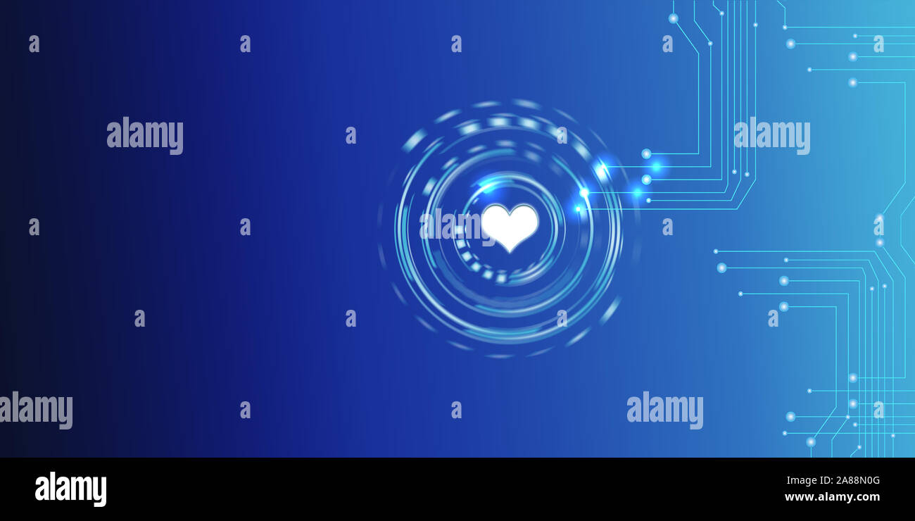 Heart symbol is shining in a hud interface with electirical circuits ...