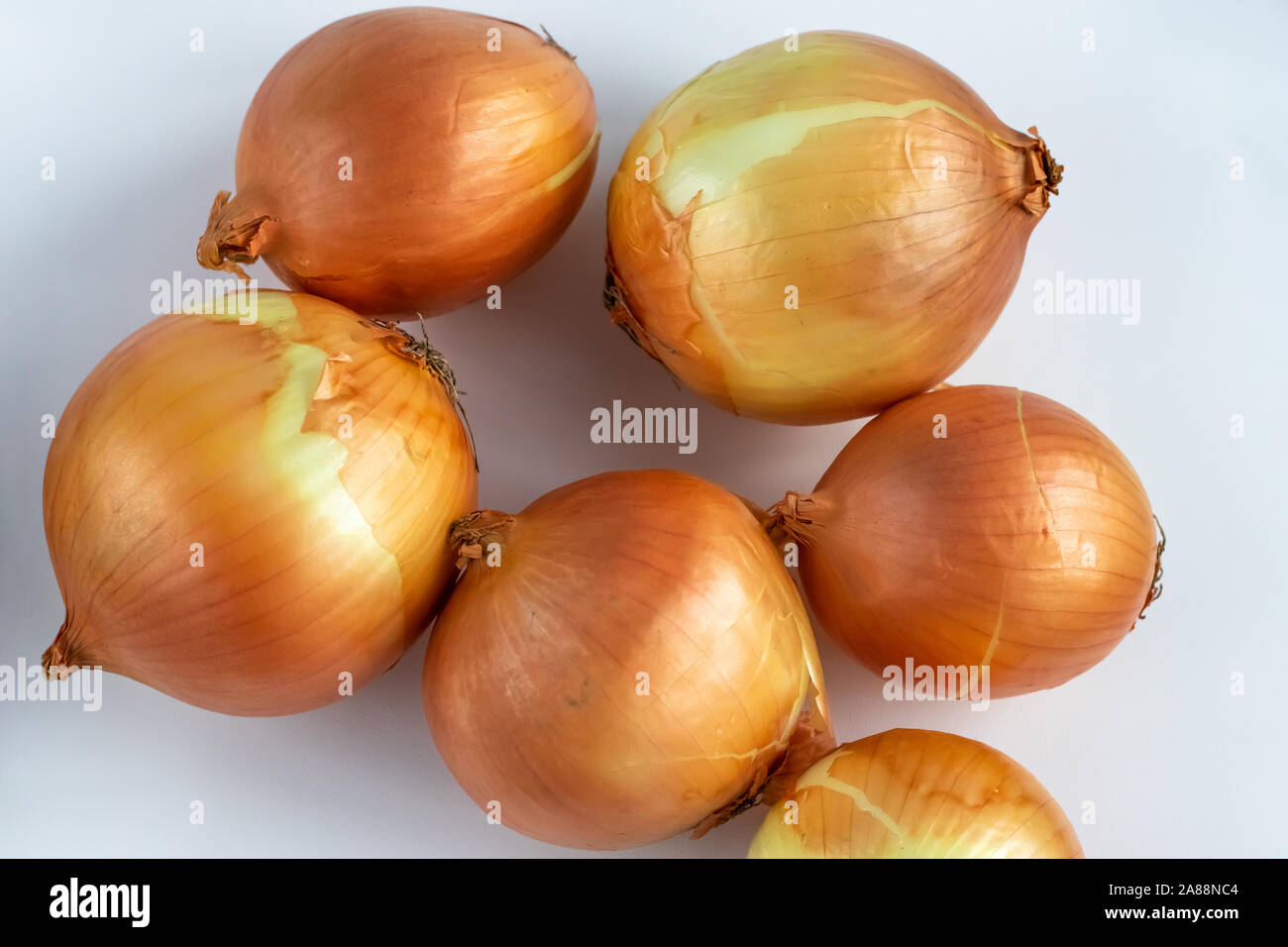 Yellow onion on white background. A pile of raw onions close-up. Top ...