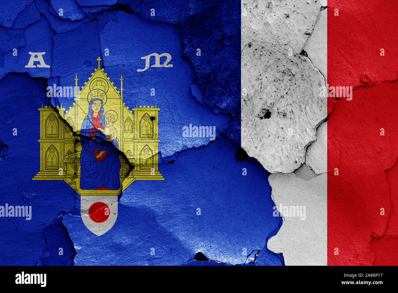 flags of Montpellier and France painted on cracked wall Stock Photo - Alamy