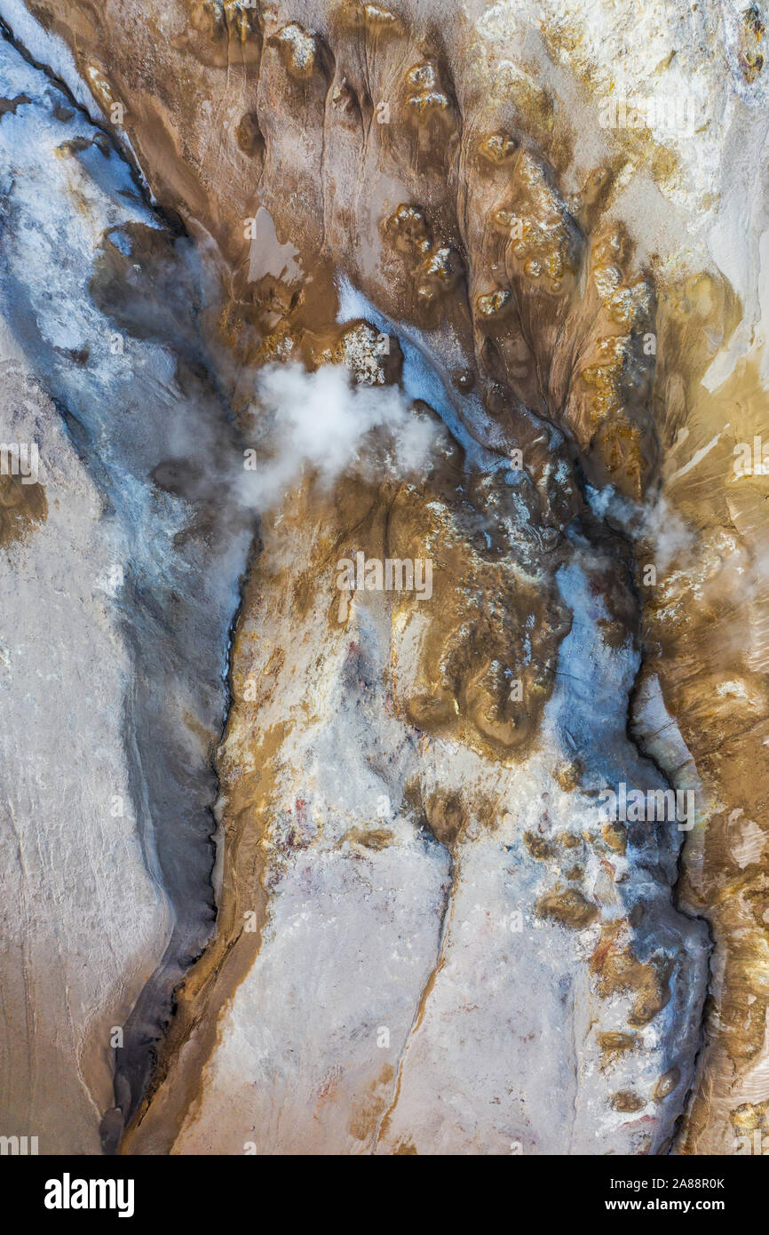 Aerial view of geothermal springs in the location of Hverir. Iceland in ...