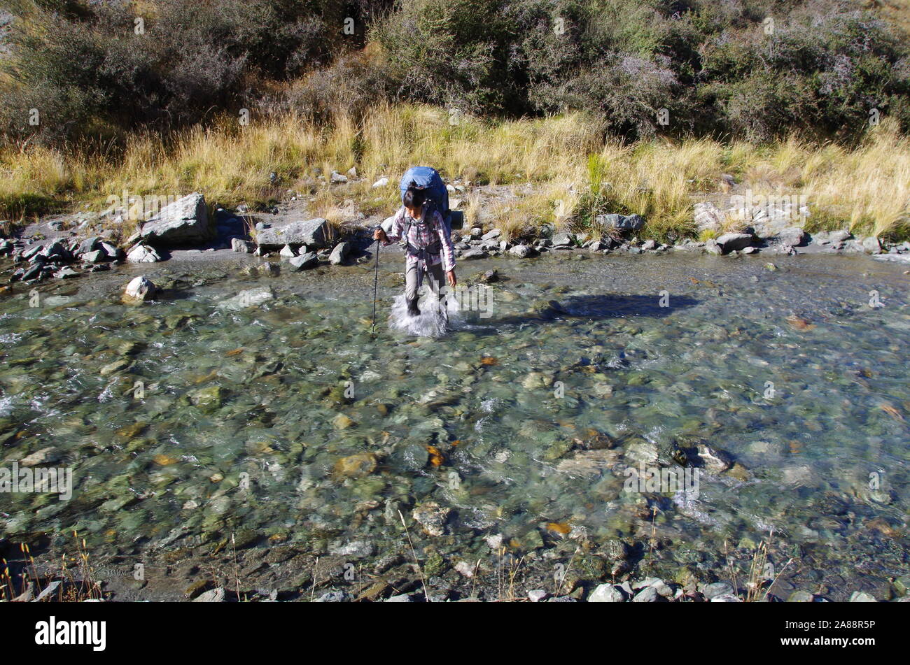 Thai female backpacker Te Araroa Trail. Motatapu Alpine Track. South ...