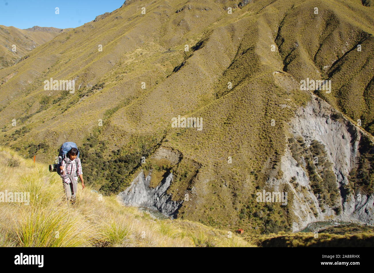 Thai female backpacker Te Araroa Trail. Motatapu Alpine Track. South ...