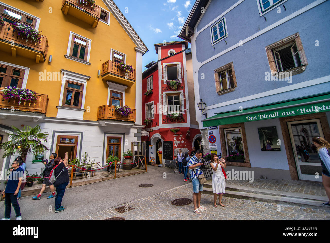 HALLSTATT, AUSTRIA - July, 2019: Town square in Hallstatt, Austria ...