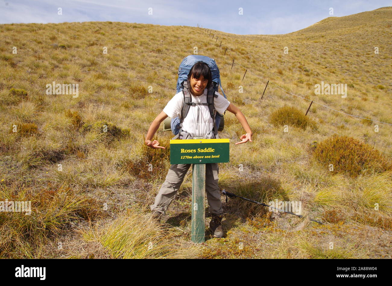 Thai female backpacker Te Araroa Trail. Motatapu Alpine Track. South ...