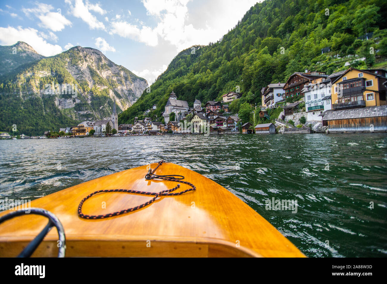 HALLSTATT, AUSTRIA - July, 2019: Scenic picture-postcard view of famous Hallstatt mountain ...