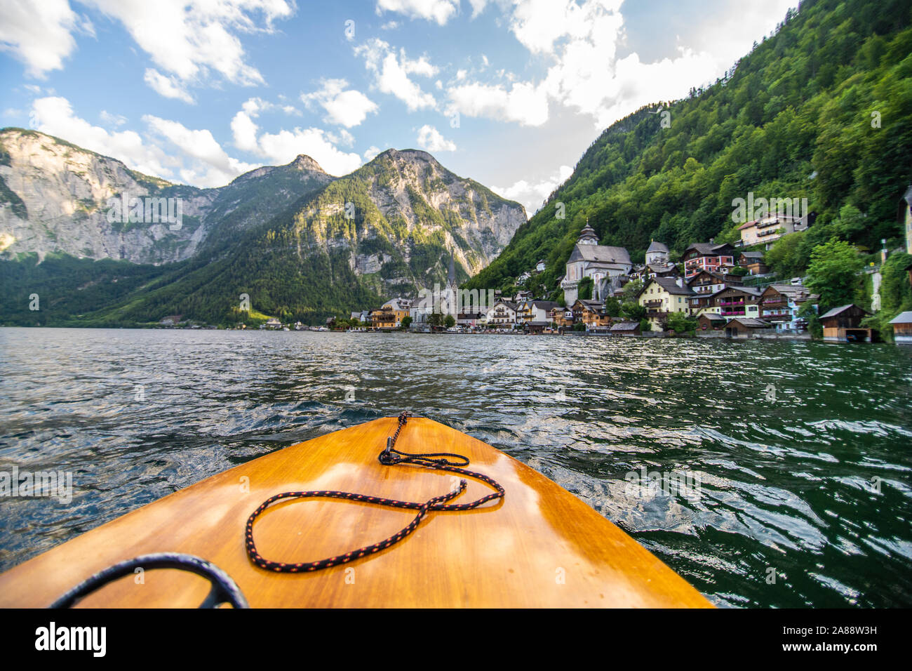 HALLSTATT, AUSTRIA - July, 2019: Scenic picture-postcard view of famous Hallstatt mountain ...