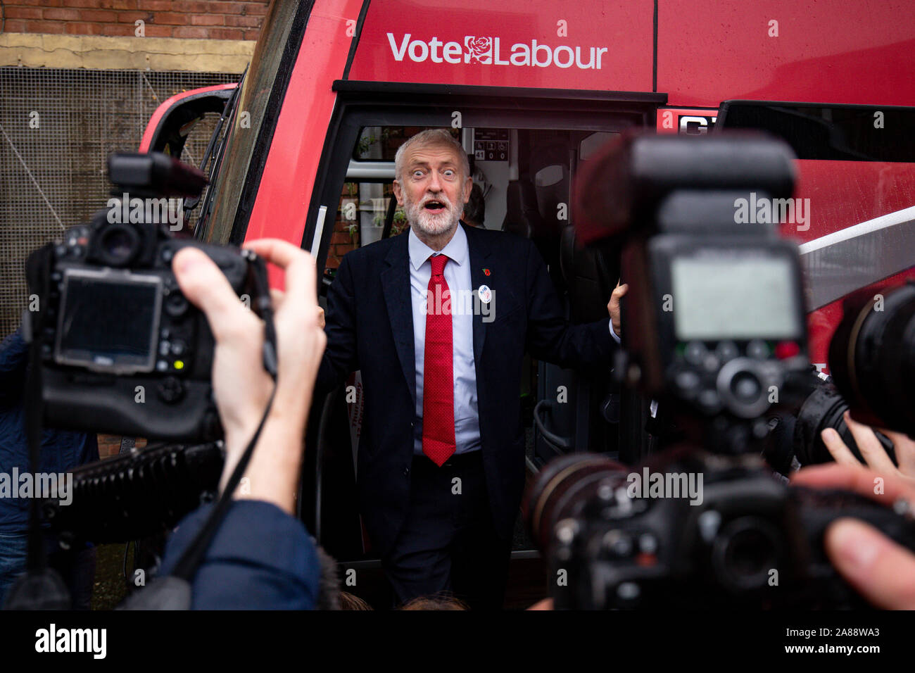 Labour leader Jeremy Corbyn unveils the Labour battle bus while on the ...
