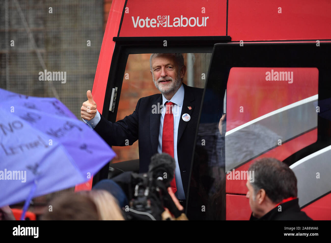 Labour leader Jeremy Corbyn unveils the Labour battle bus while on the ...