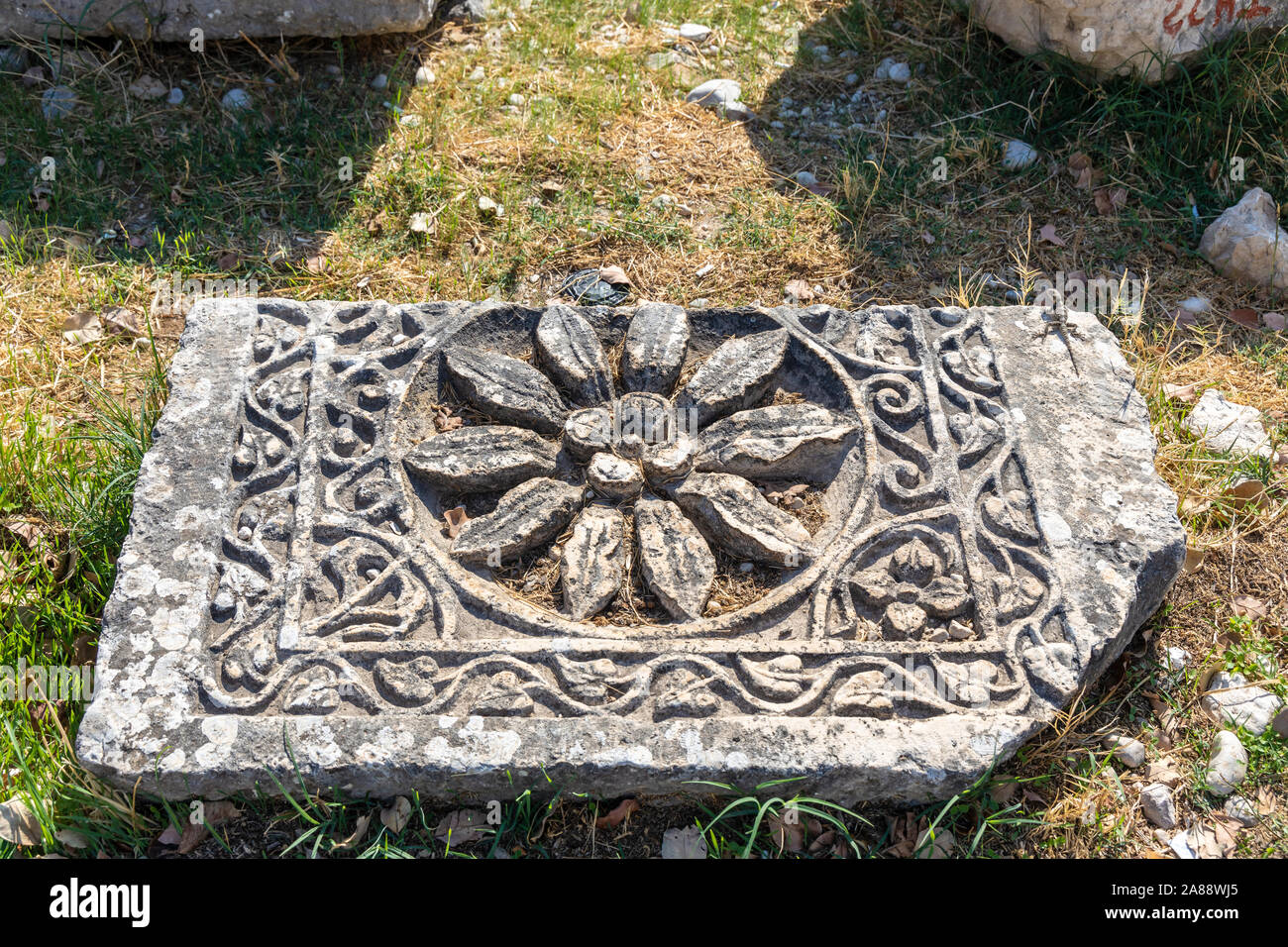 Stone tile with carvings at the ruins of Xanthos an ancient city of ...