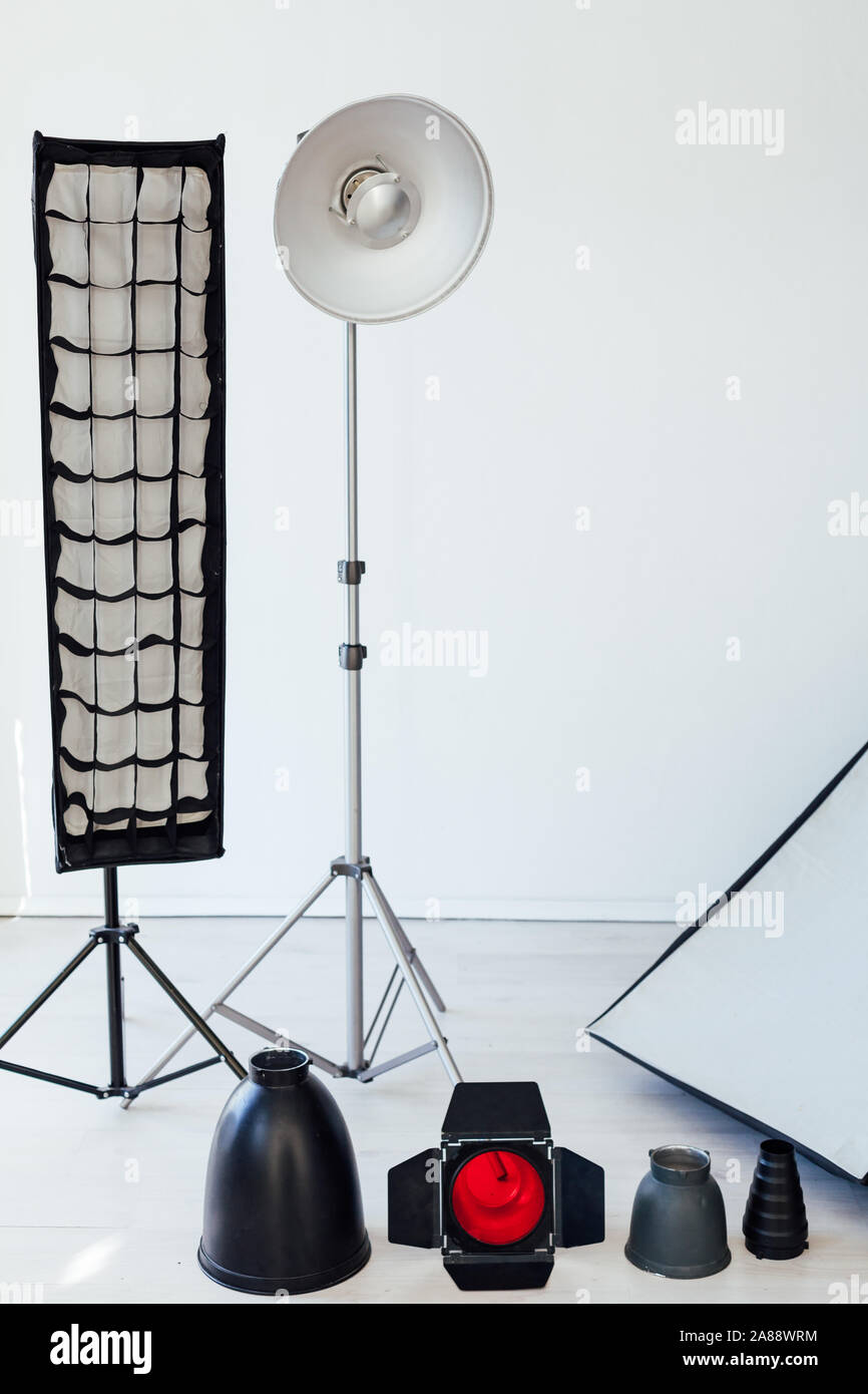 photo studio accessories photographer's interior white background Stock ...