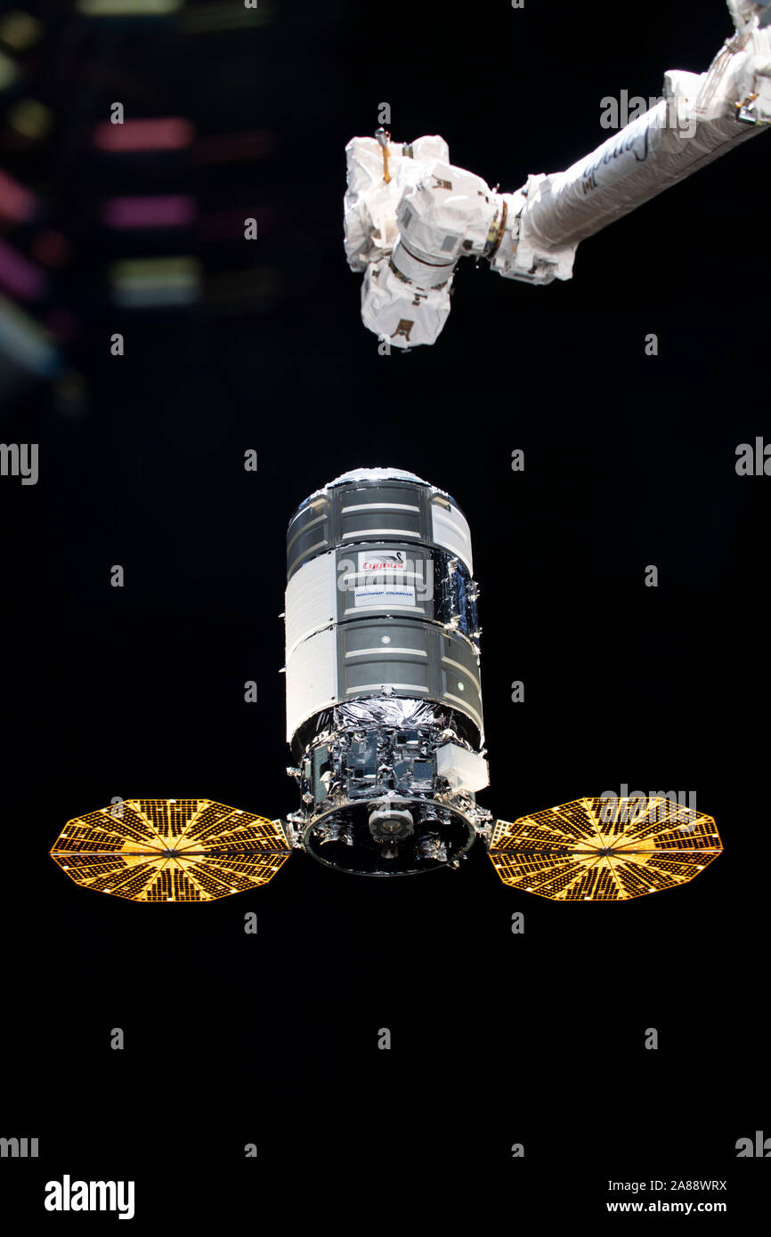 The Northrop Grumman Cygnus space freighter is grappled by the ...