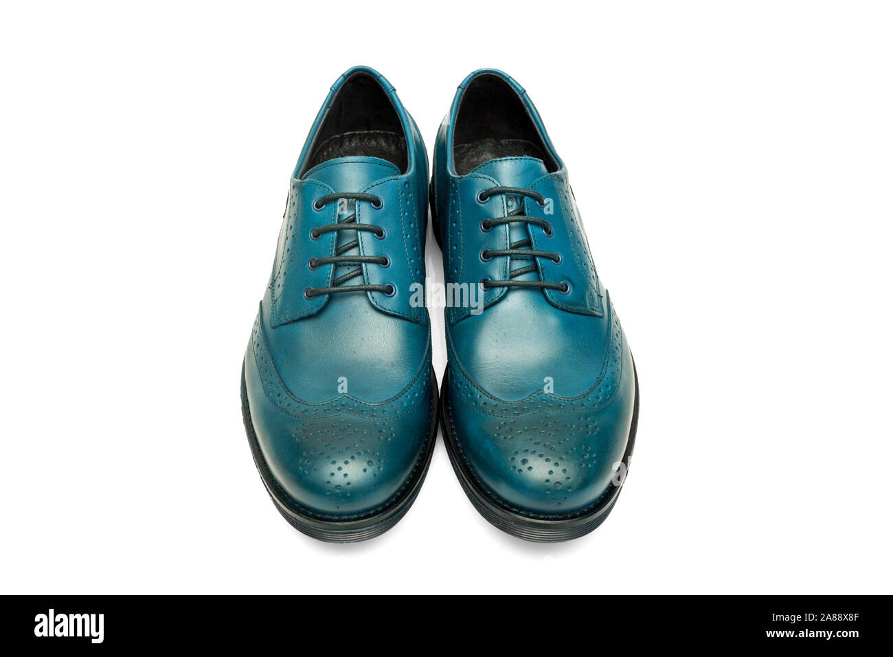 Pair of male cyan leather shoes on white background, isolated product ...