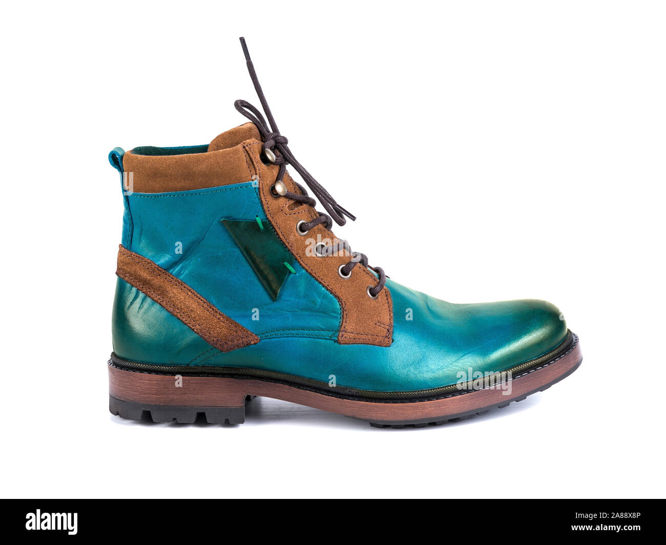 Pair of male cyan and brown leather shoes on white background, isolated ...