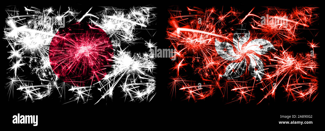 Japan, Japanese vs Hong Kong, China New Year celebration sparkling ...