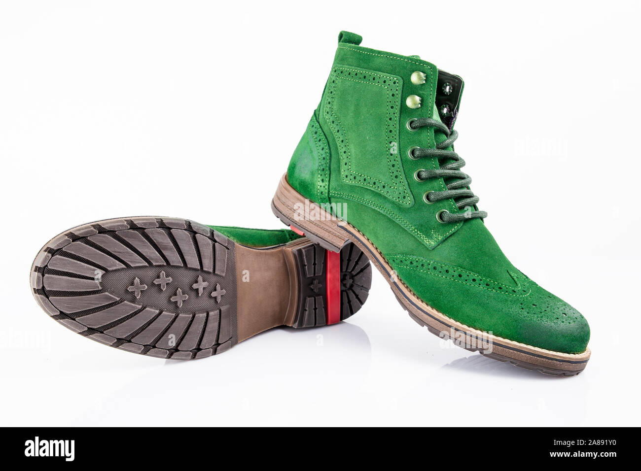 Male green leather boot on white background, isolated product Stock ...
