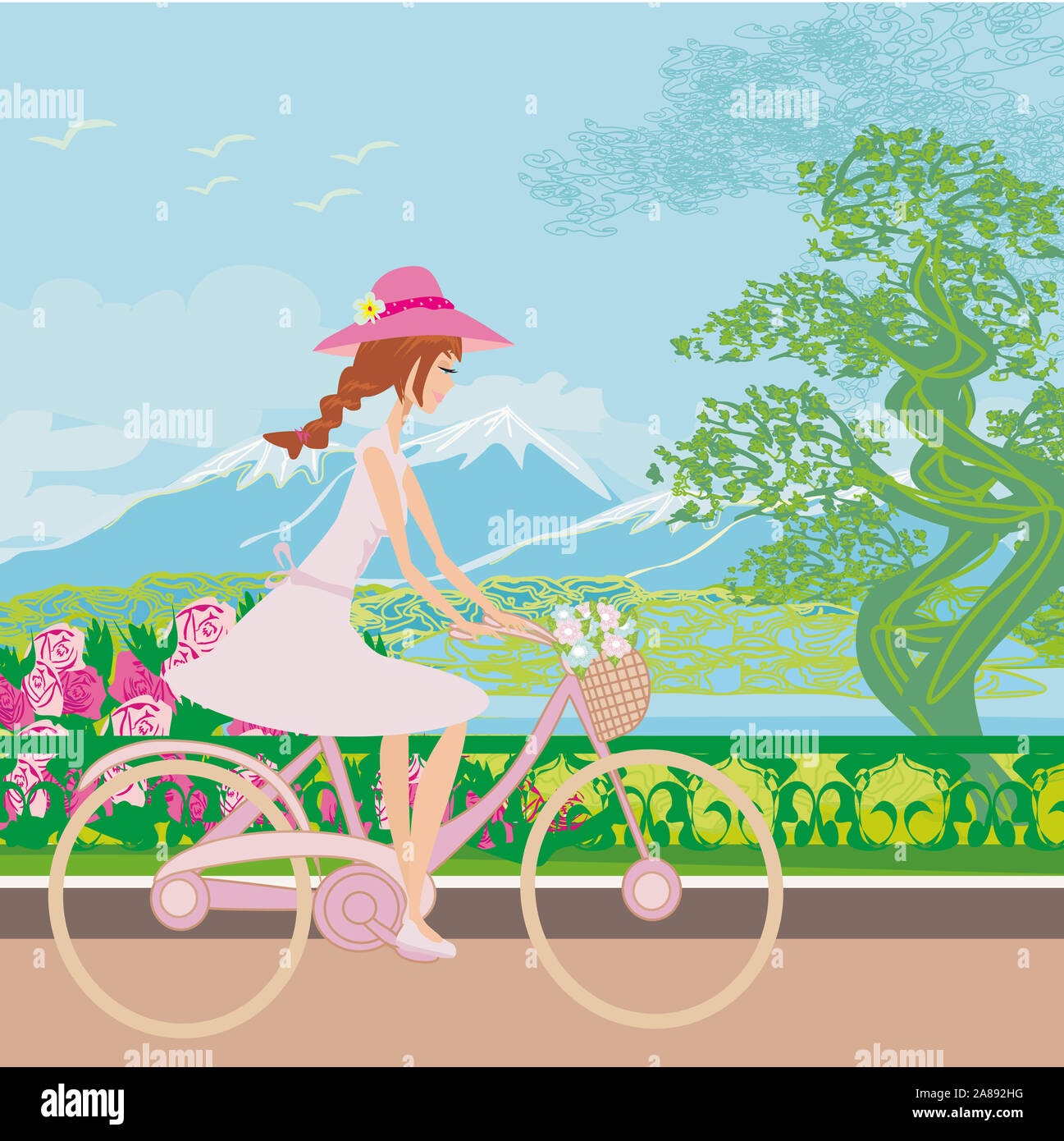Girl is riding bike on spring field Stock Photo - Alamy