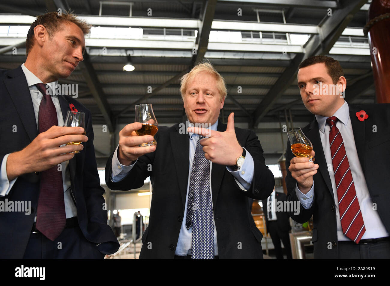 Prime Minister Boris Johnson tastes whisky at the Roseisle Distillery ...