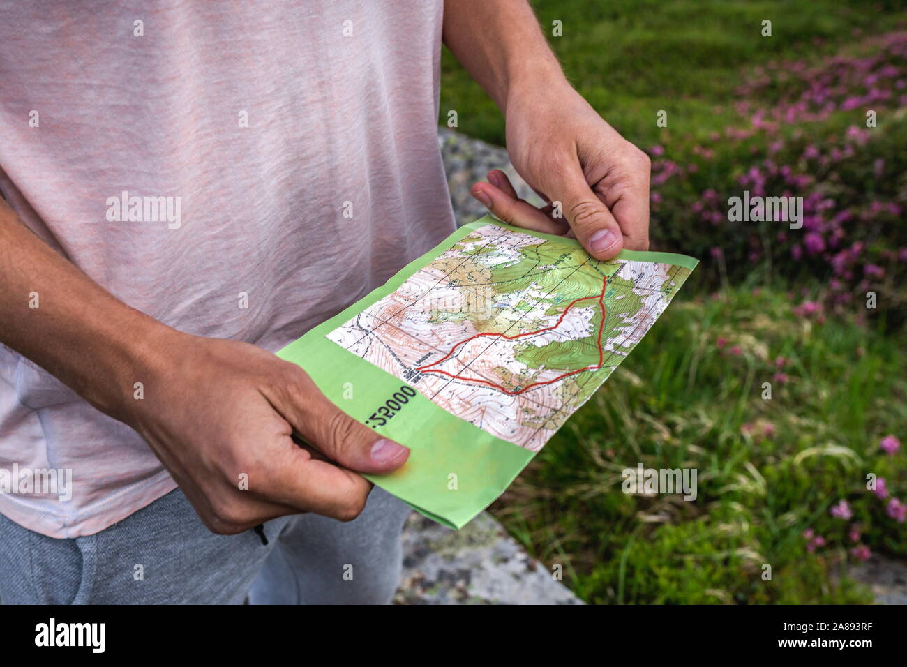 hiker traveler tourist holds map of mountains, summer Stock Photo - Alamy