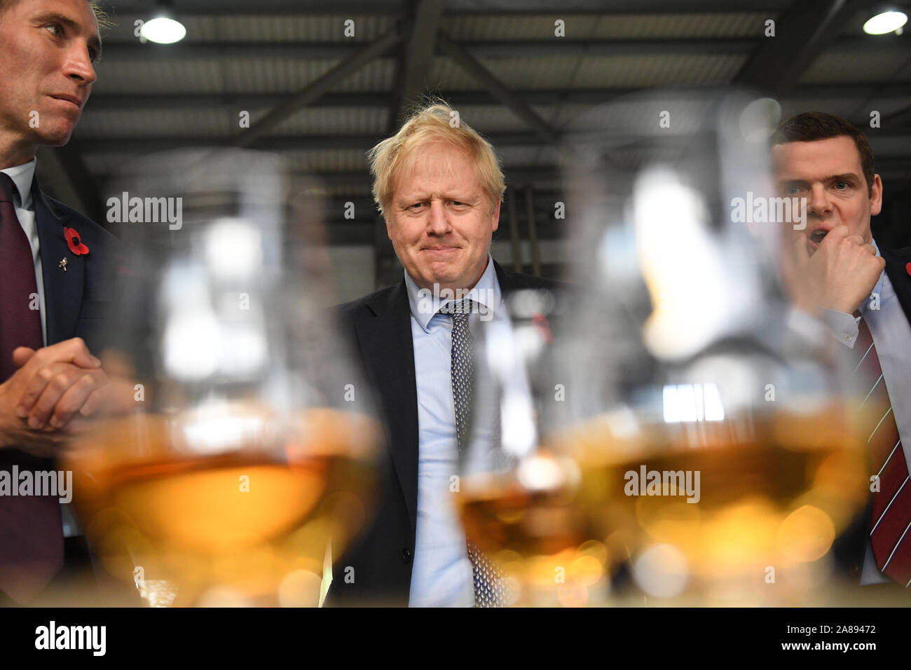 Prime Minister Boris Johnson tastes whisky at the Roseisle Distillery ...
