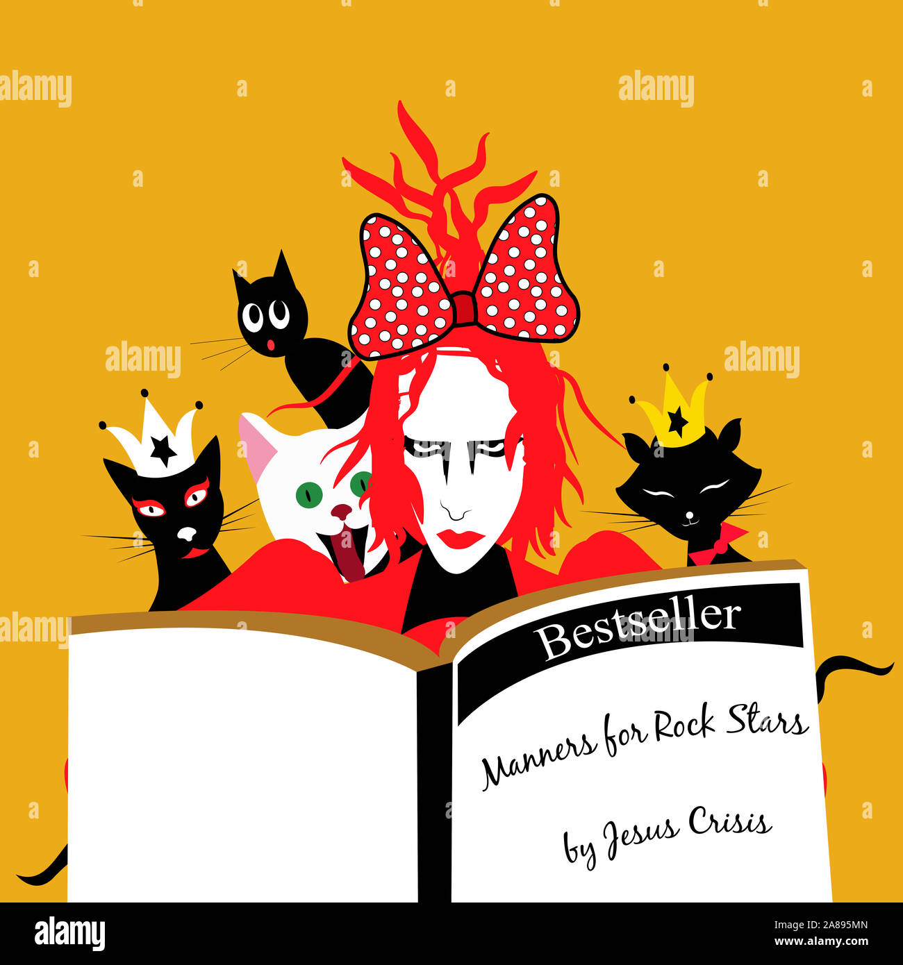illustration of a rock star reading a book with his cats about manners ...