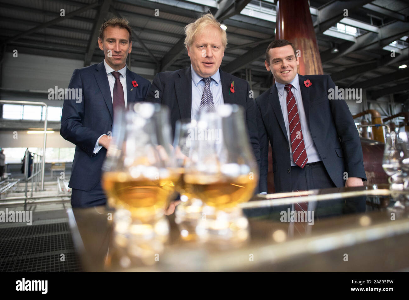 Prime Minister Boris Johnson tastes whisky at the Roseisle Distillery ...