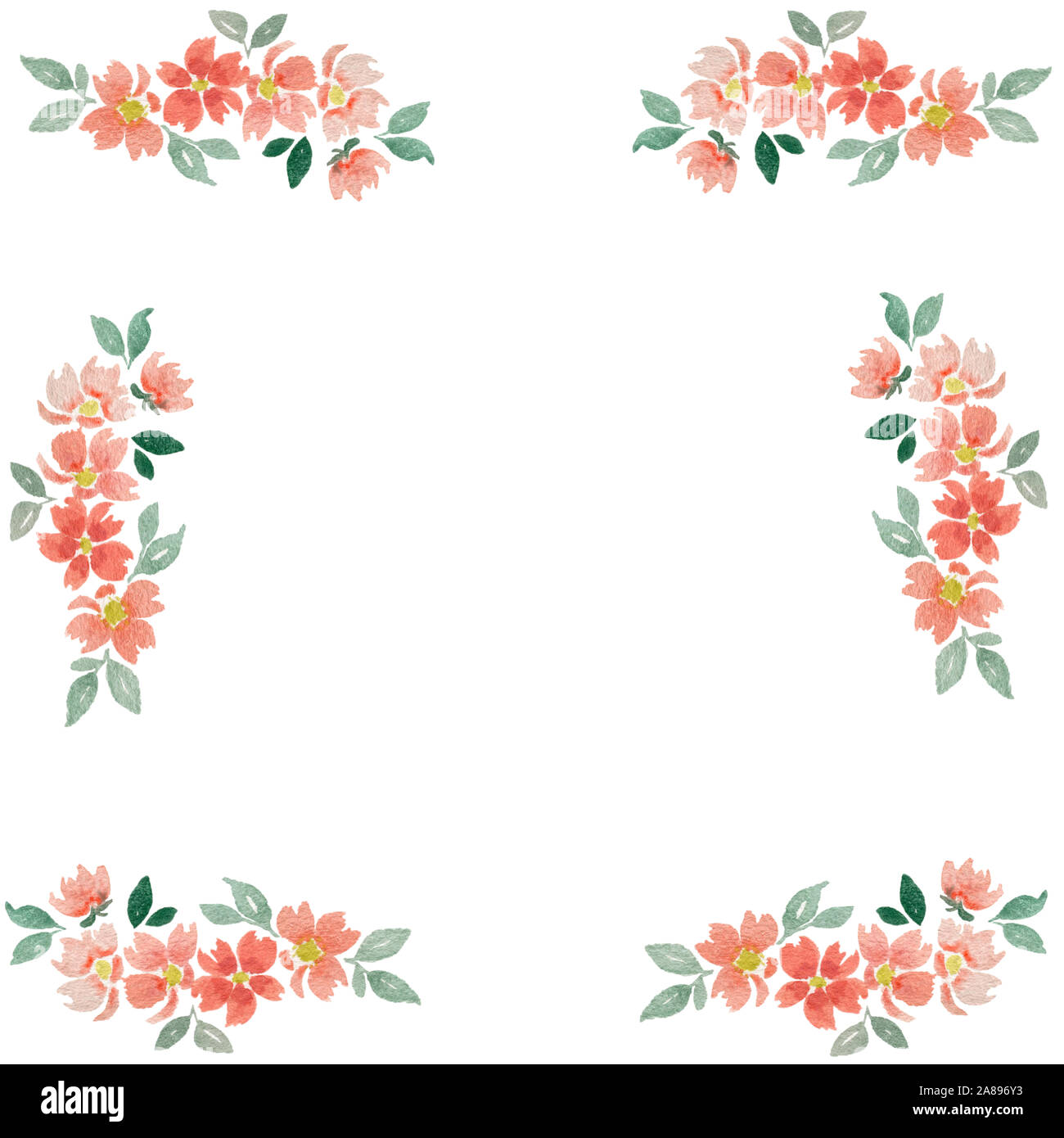 watercolor floral frame, orange flower decoration isolated on white ...