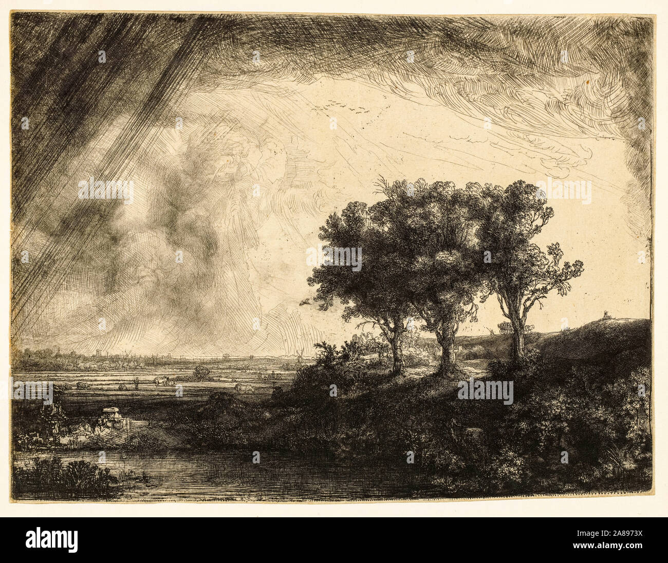 Rembrandt van Rijn, The Three Trees, landscape drawing in drypoint ...