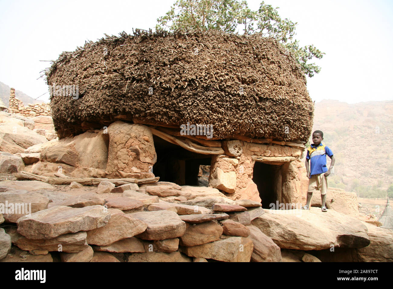 Dogon country : village of Tiogou (Bandiagara escarpment Stock Photo ...
