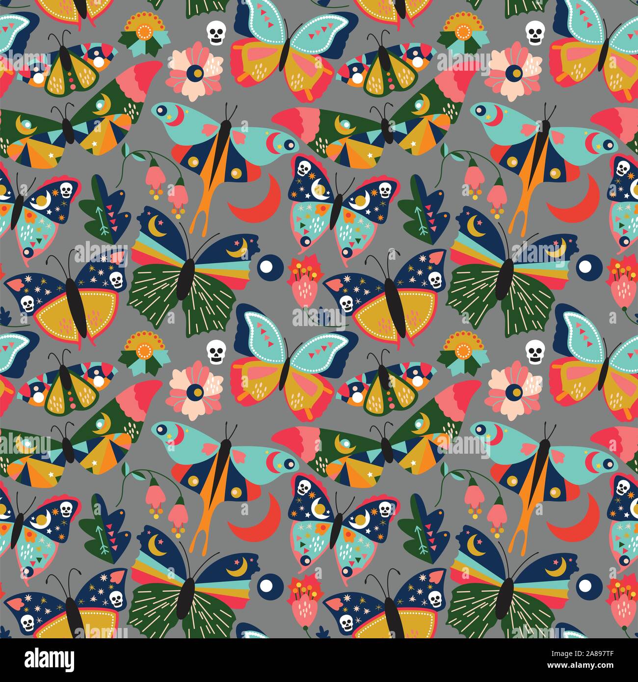 Seamless, Tileable Wallpaper Pattern with Boho Style Butterflies, Moths ...