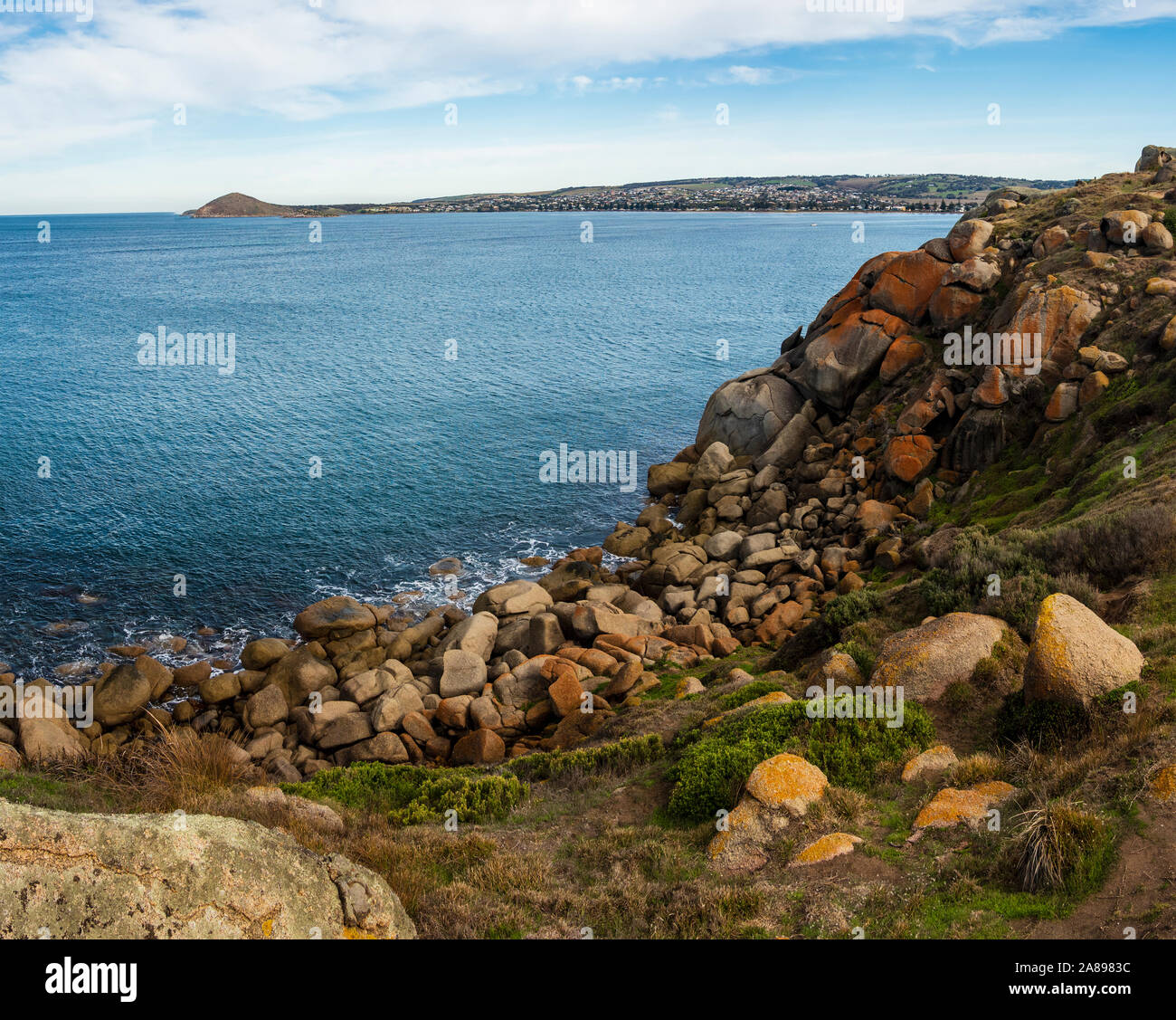 Rocky coastline on Granite Island, Australia Stock Photo - Alamy