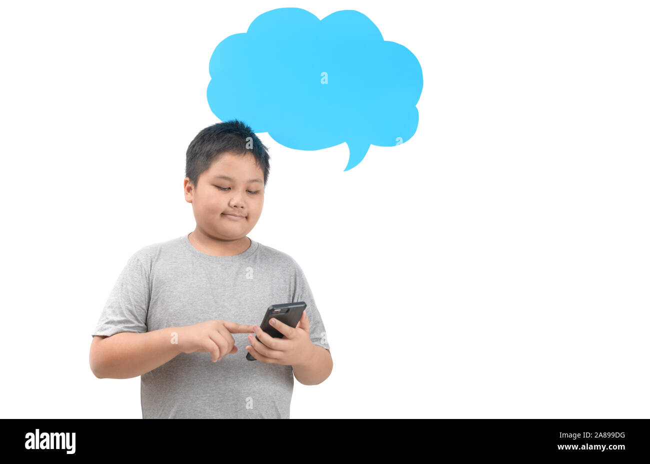 Obese fat boy play smartphone with empty blue speech bubble isolated on ...