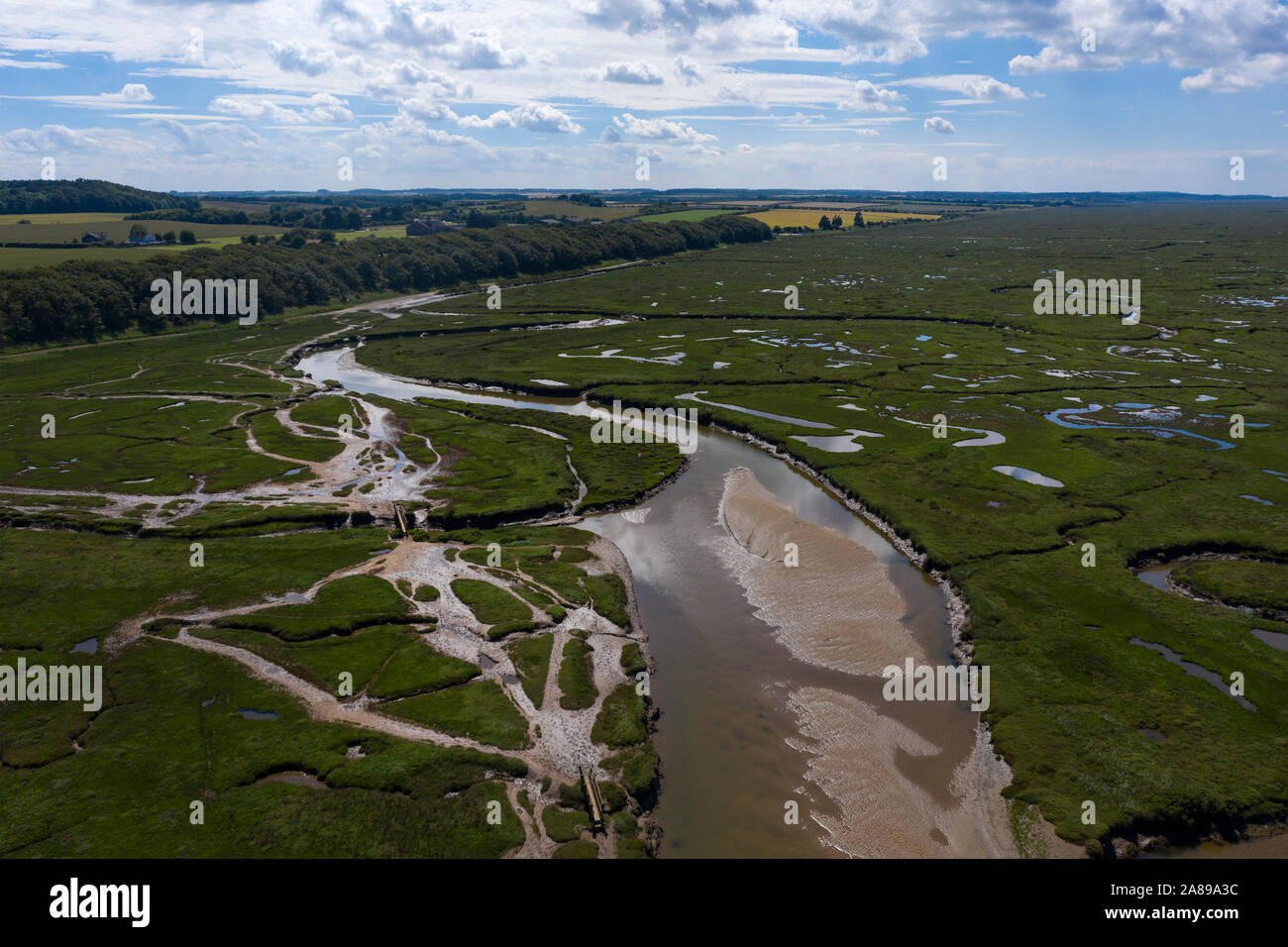 high level aerial view of salt marshes along east coast near stiffly ...