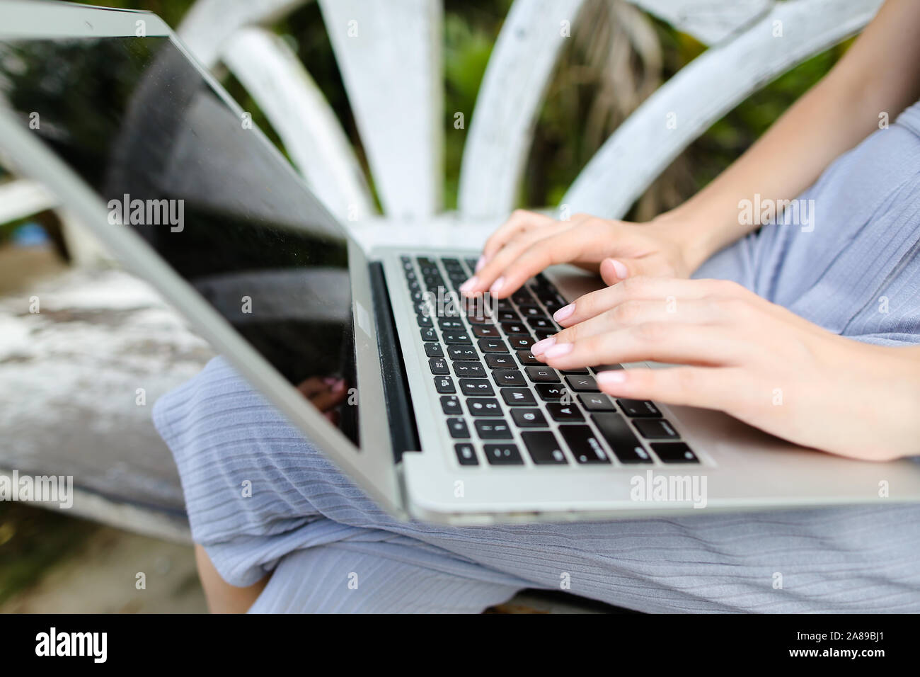 Close up female hands using laptop, typing message on keyboard Stock ...