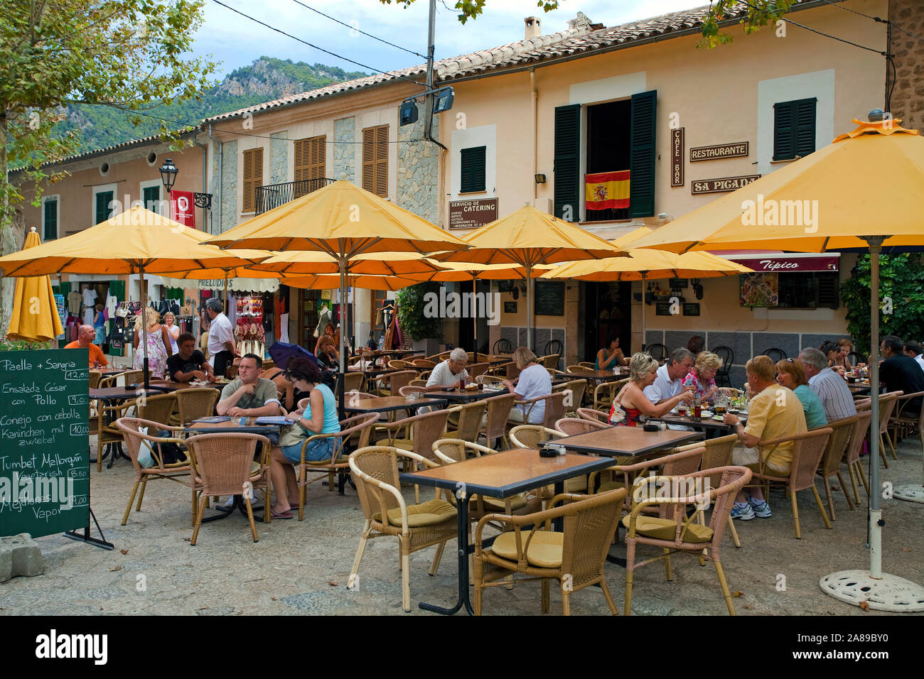 Cafe at Monastery square at historic center of Valldemossa, region ...