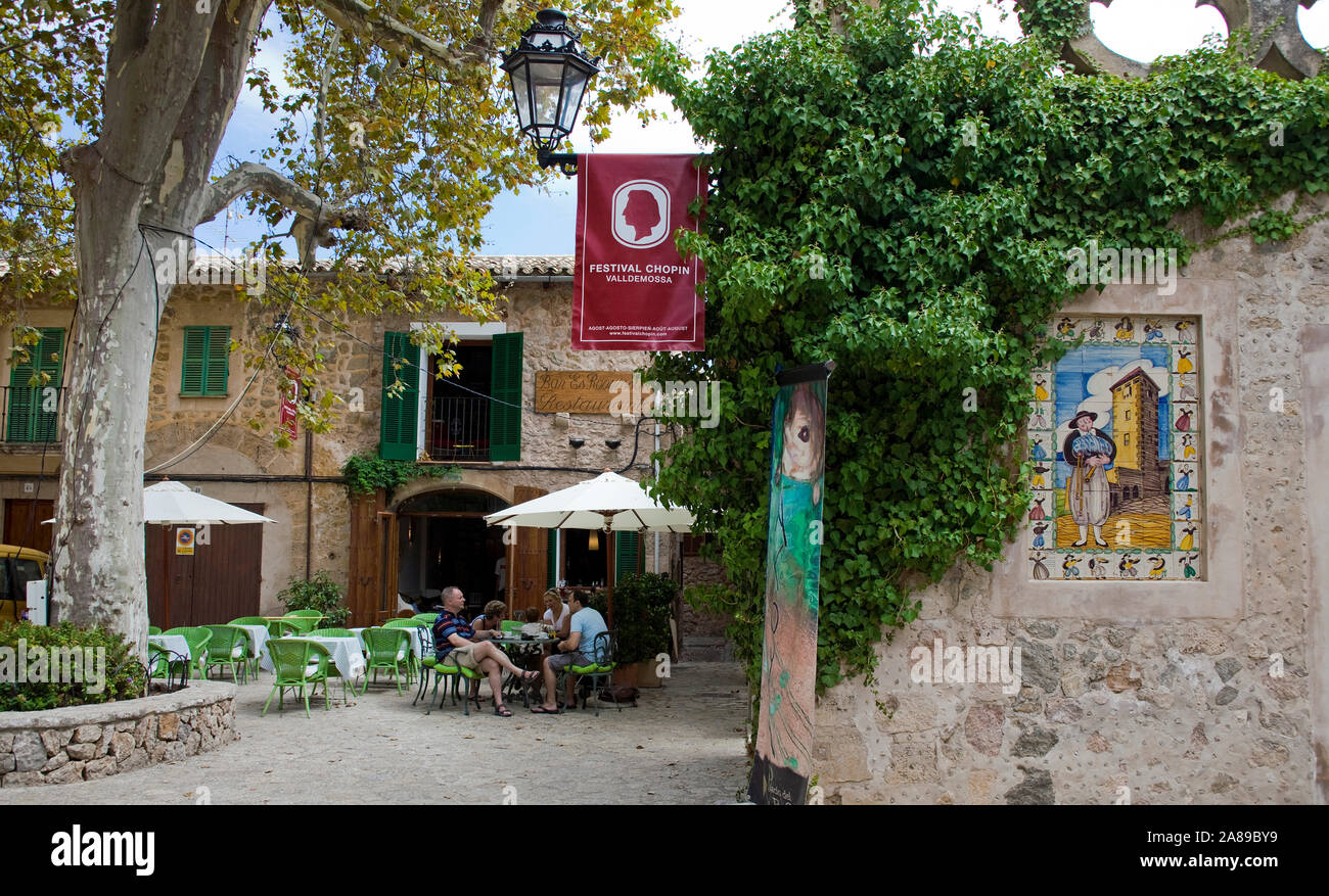 Cafe at Monastery square at historic center of Valldemossa, region ...