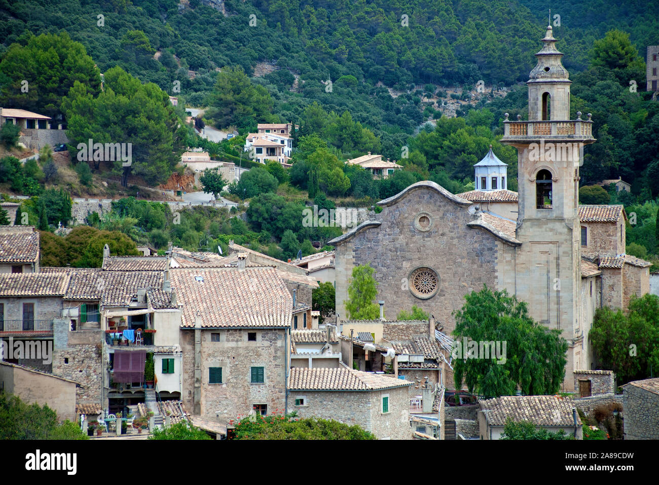 The mountain village Valldemossa with church Saint Bartomeu, region ...