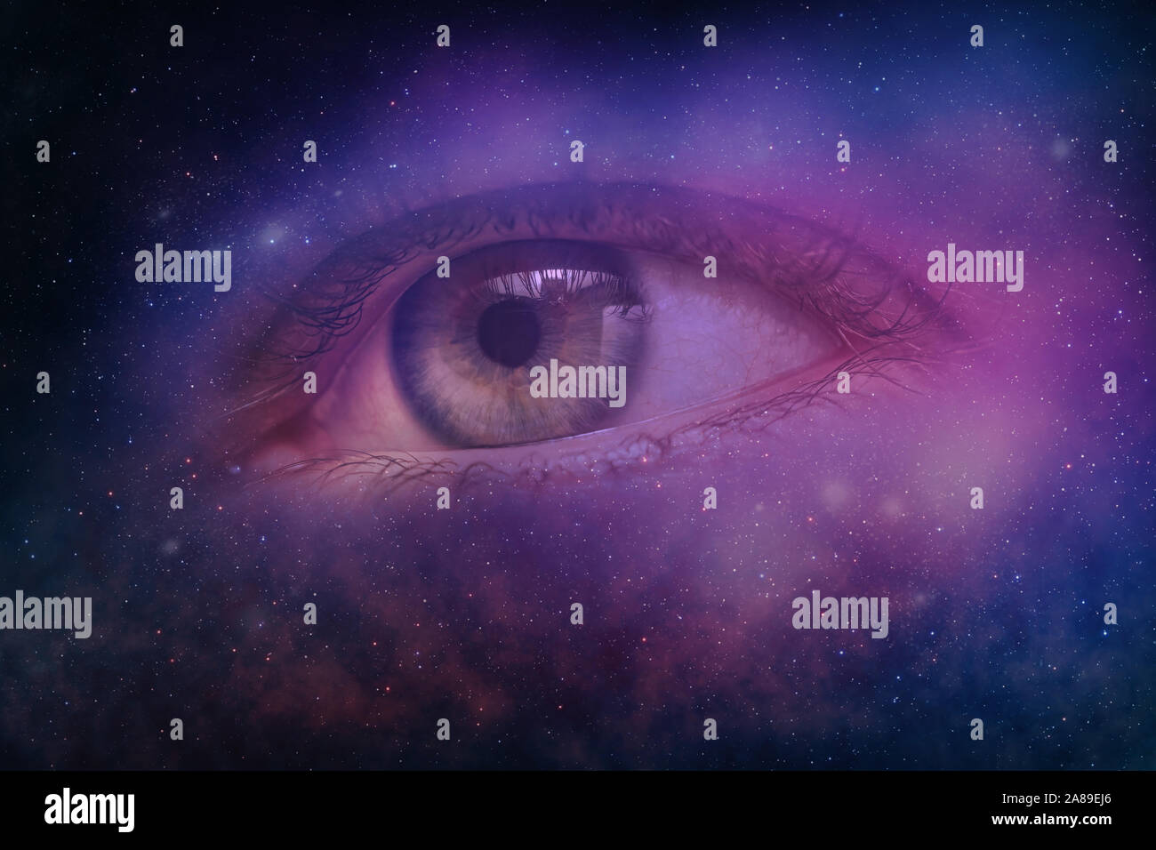 Close up Abstract eye concept looking on a nebula dust in infinite ...