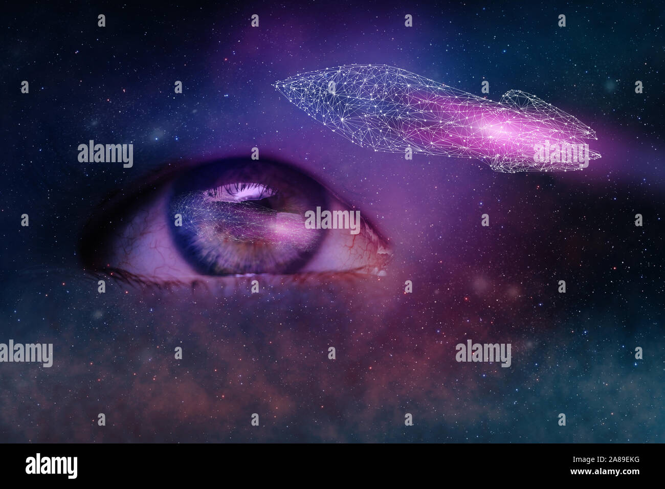 Close up Abstract eye concept looking on a spaceship rocket. Nebula ...